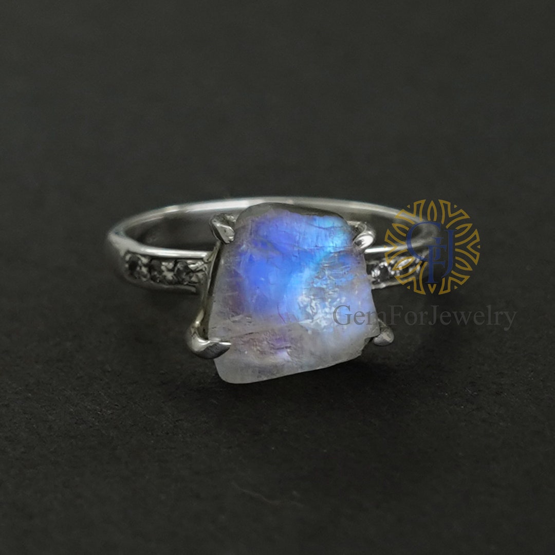 Raw Blue Fire Moonstone Ring, Natural Moonstone Crystal, Raw Stone Ring ...