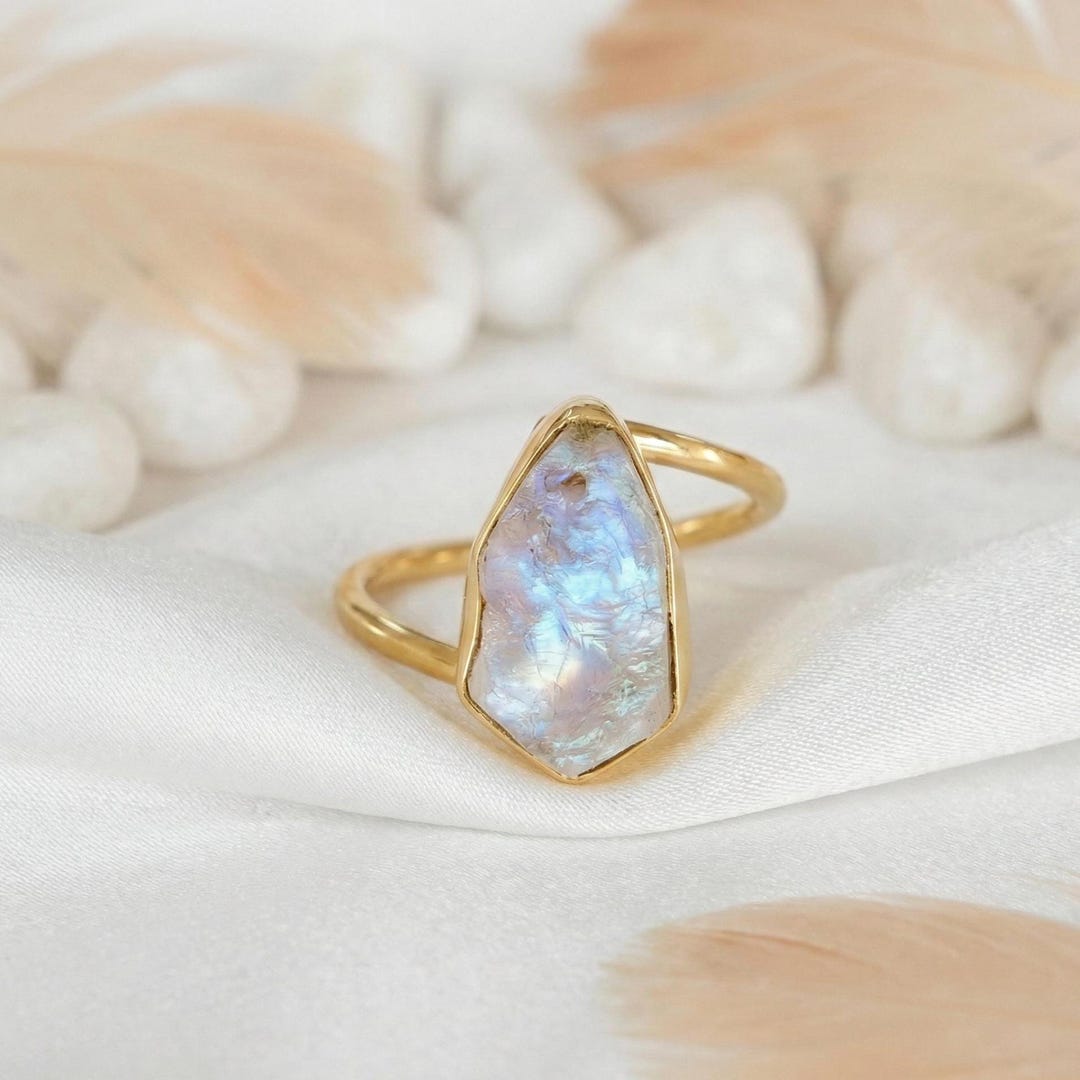 Raw Moonstone Ring, 14k Gold Twisted Band Ring, 925 Sterling Silver ...