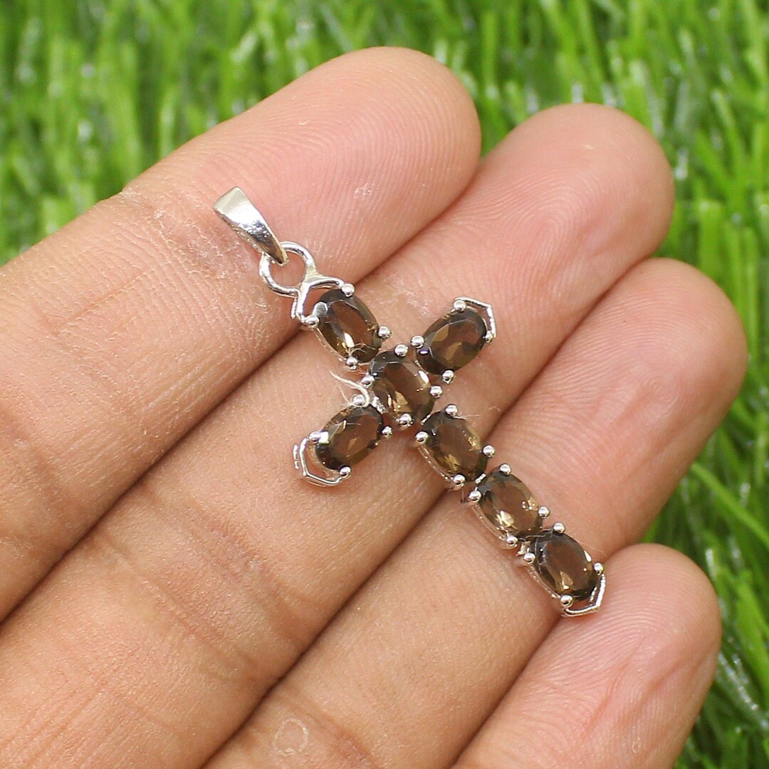 Smoky Quartz Cross Pendant, Smoky Lord Necklace, Oval Quartz Christian ...