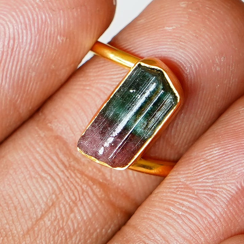 Raw Watermelon Tourmaline Ring, 14K Gold Overlay Silver Jewelry, Red ...