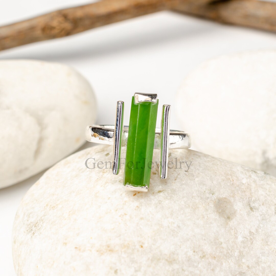Raw Green Jade Ring, Two Silver Bar Ring, Sterling Silver Ring, Jade ...