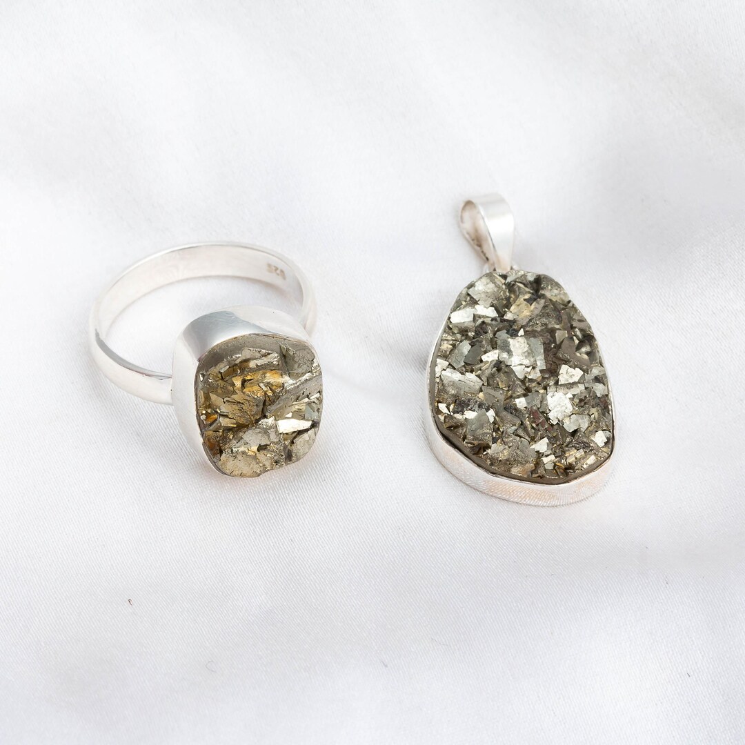 Raw Pyrite Ring Pendant Set, Rough Pyrite Druzy Ring, Handmade Gemstone ...