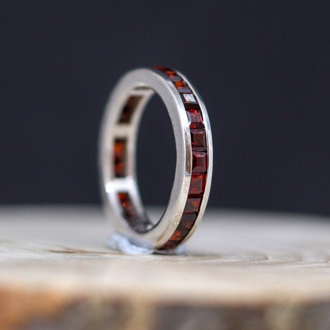 Garnet Square Silver Band Ring, Garnet Engagement Band Ring, Wedding ...