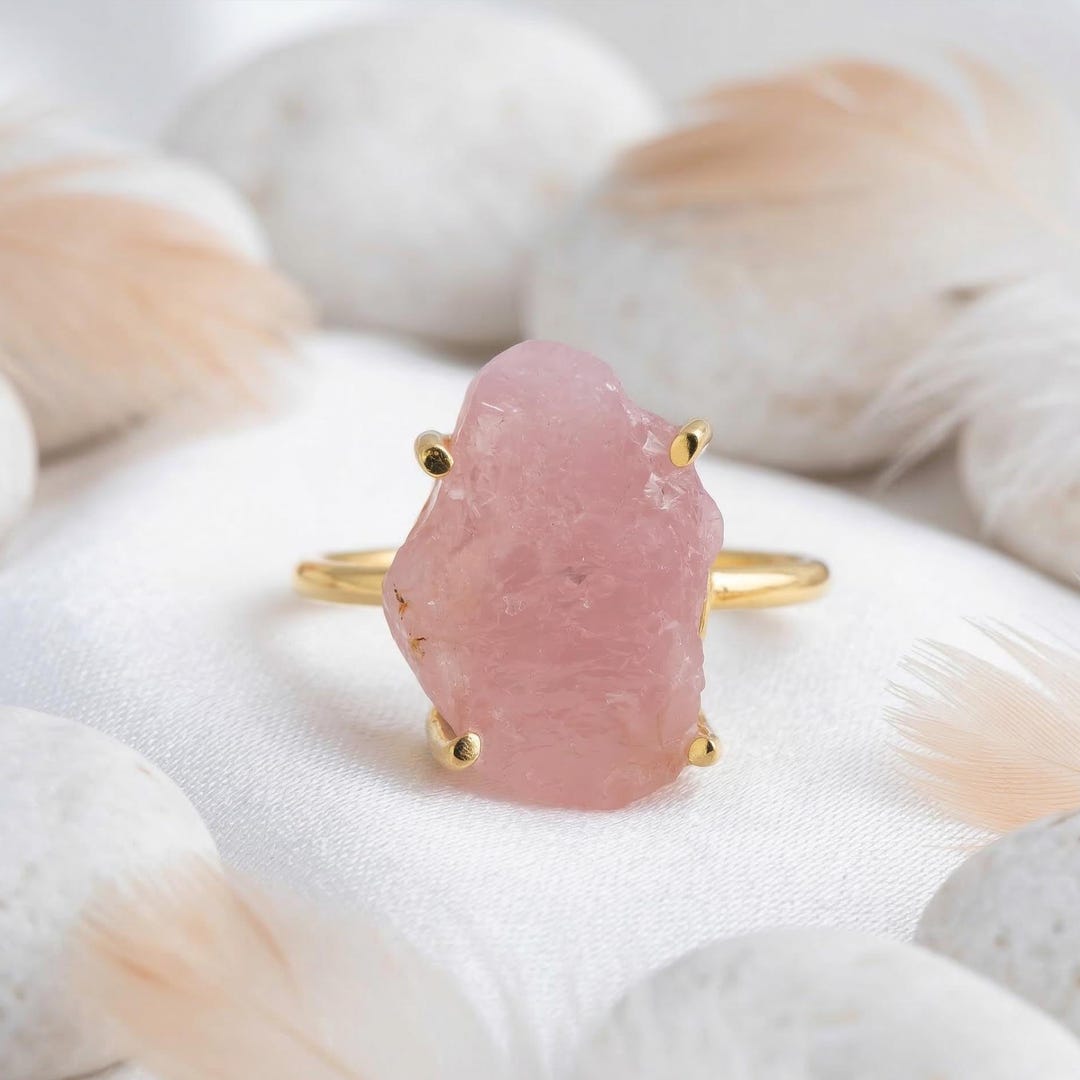 Rose Quartz Crystal Ring, 14k Gold Plated, Boho Minimalist Rough Ring ...