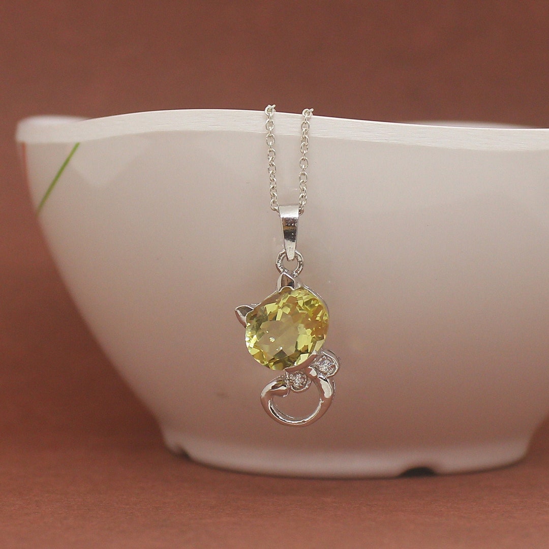 Kitten Pendant, Lemon Quartz Cat Pendant, Cat Charm Necklace, Cat Lover ...