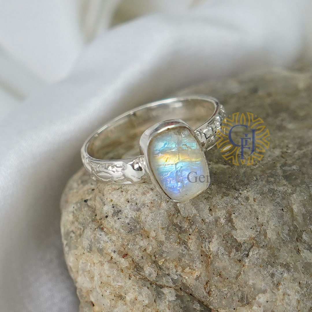 Raw Moonstone Ring, FLORAL Texture Band, Blue Moonstone Crystal ...