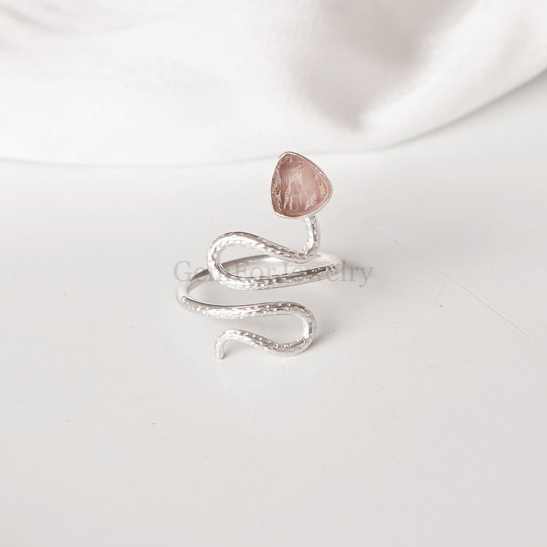 Raw Rose Quartz Snake Ring, Adjustable Band Ring, Silver Handmade ...