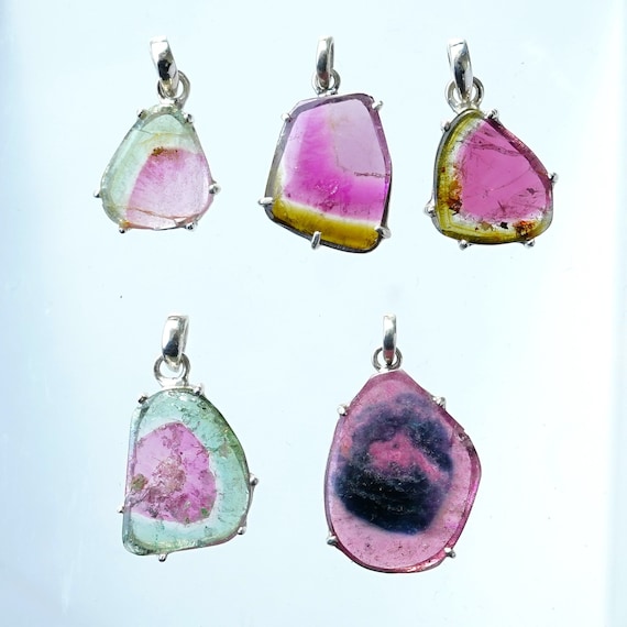 Watermelon Tourmaline Silver Necklace Pendant Bio Tourmaline | Etsy