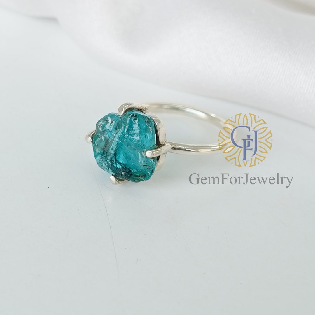 Raw Apatite Ring, Paraiba Apatite Ring, Silver Handmade Ring, Raw Crystal Ring, Natural Apatite ...
