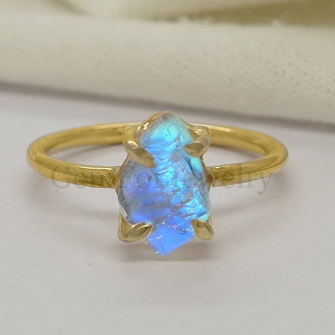 Raw Rainbow Moonstone Ring, Blue Moonstone Crystal, June Birthstone ...