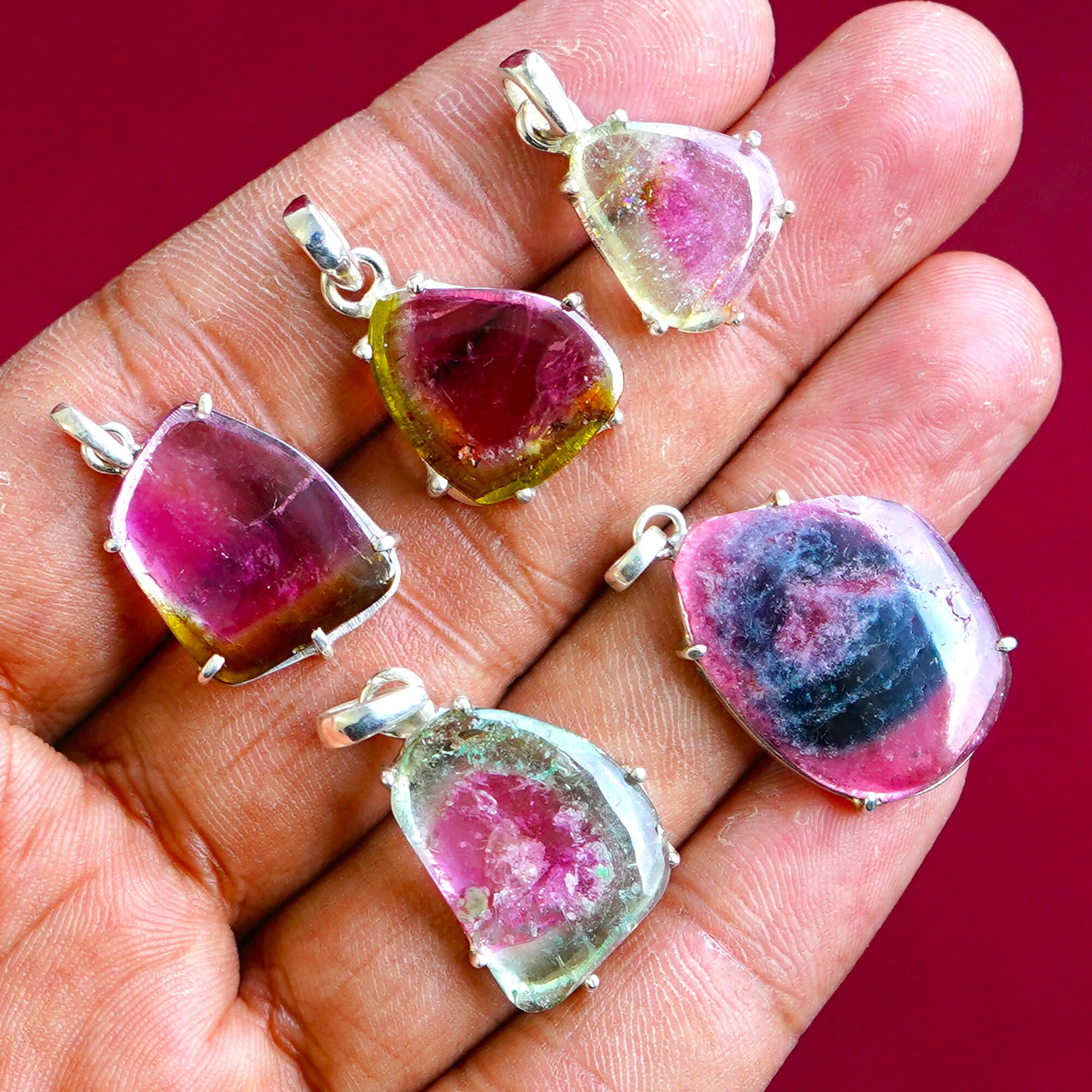 Watermelon Tourmaline Silver Necklace Pendant Bio Tourmaline - Etsy