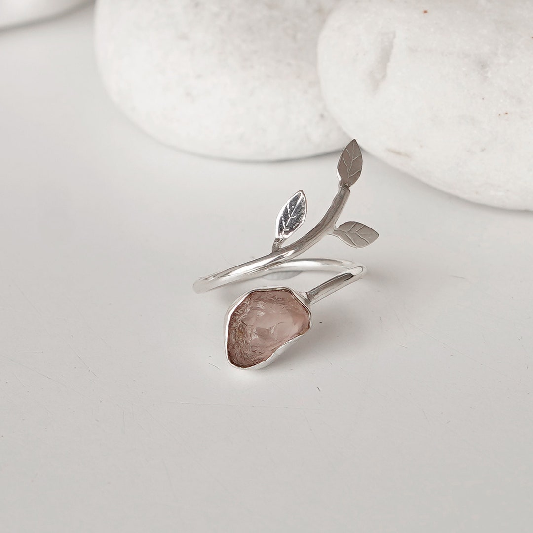 Raw Rose Quartz Floral Ring, Adjustable Band Ring, Silver Handmade ...