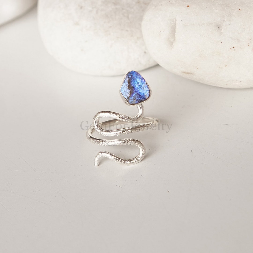 Raw Labradorite Snake Ring, Twisted Adjustable Band Ring, Blue ...