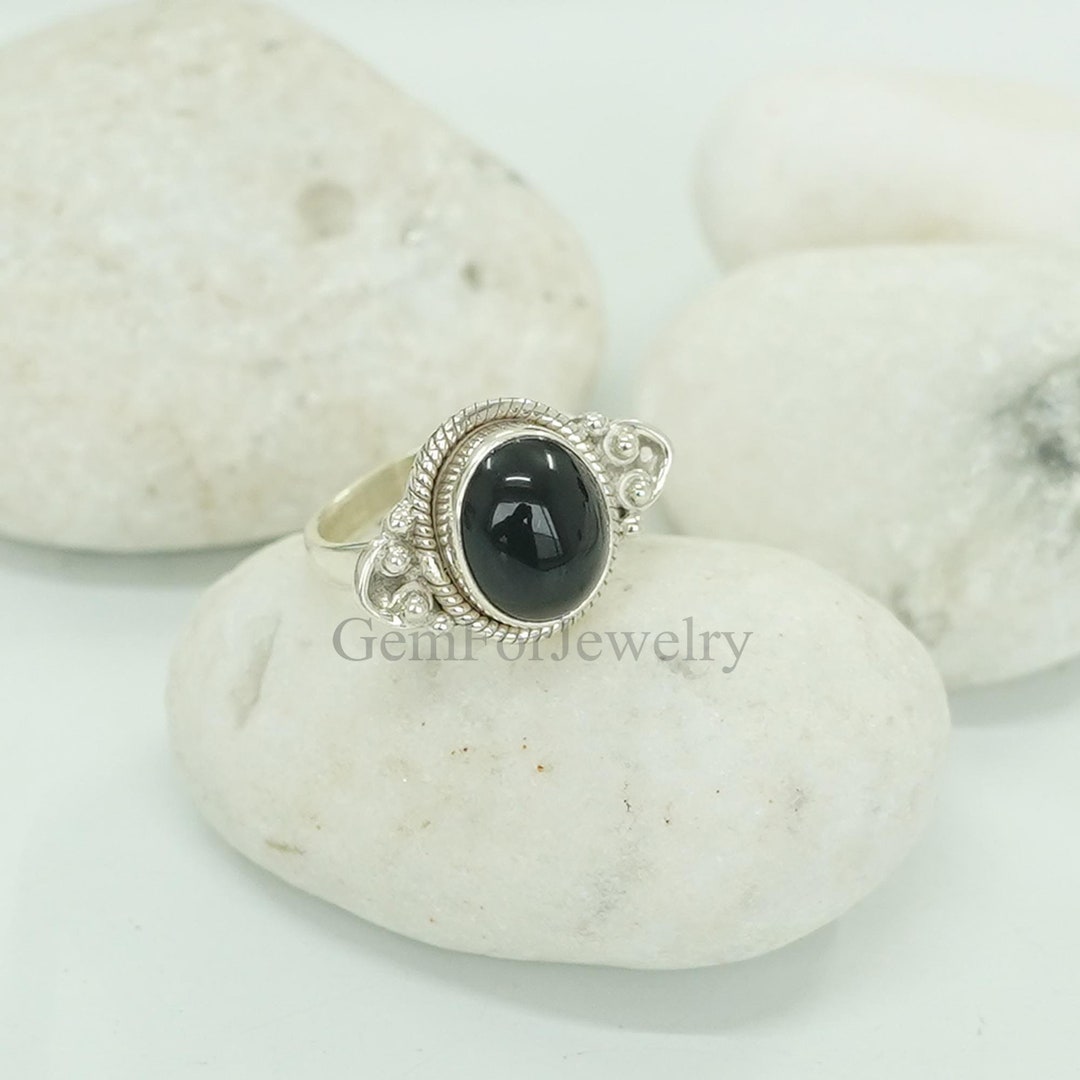 Black Obsidian Ring, Sterling Silver Jewelry, Natural Black Gemstone ...