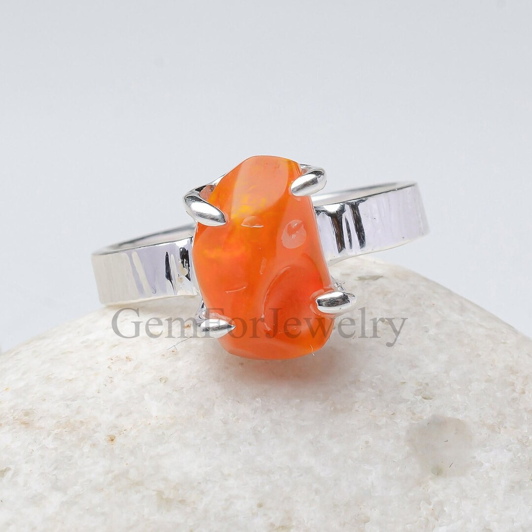 Mexican Fire Opal Ring, Orange Opal Ring, Textured Band Ring, Uncut ...