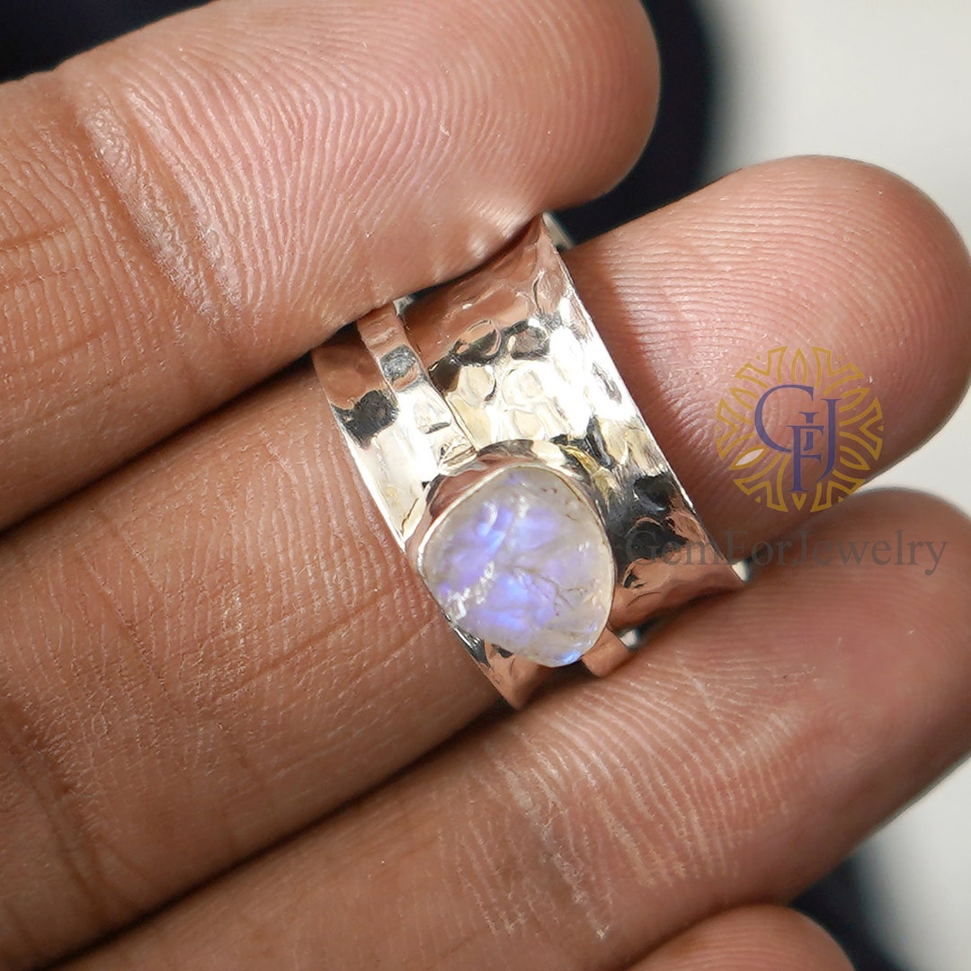 RAW Rainbow Moonstone Ring, SPINNER Ring, Fidget Ring, Blue Fire ...