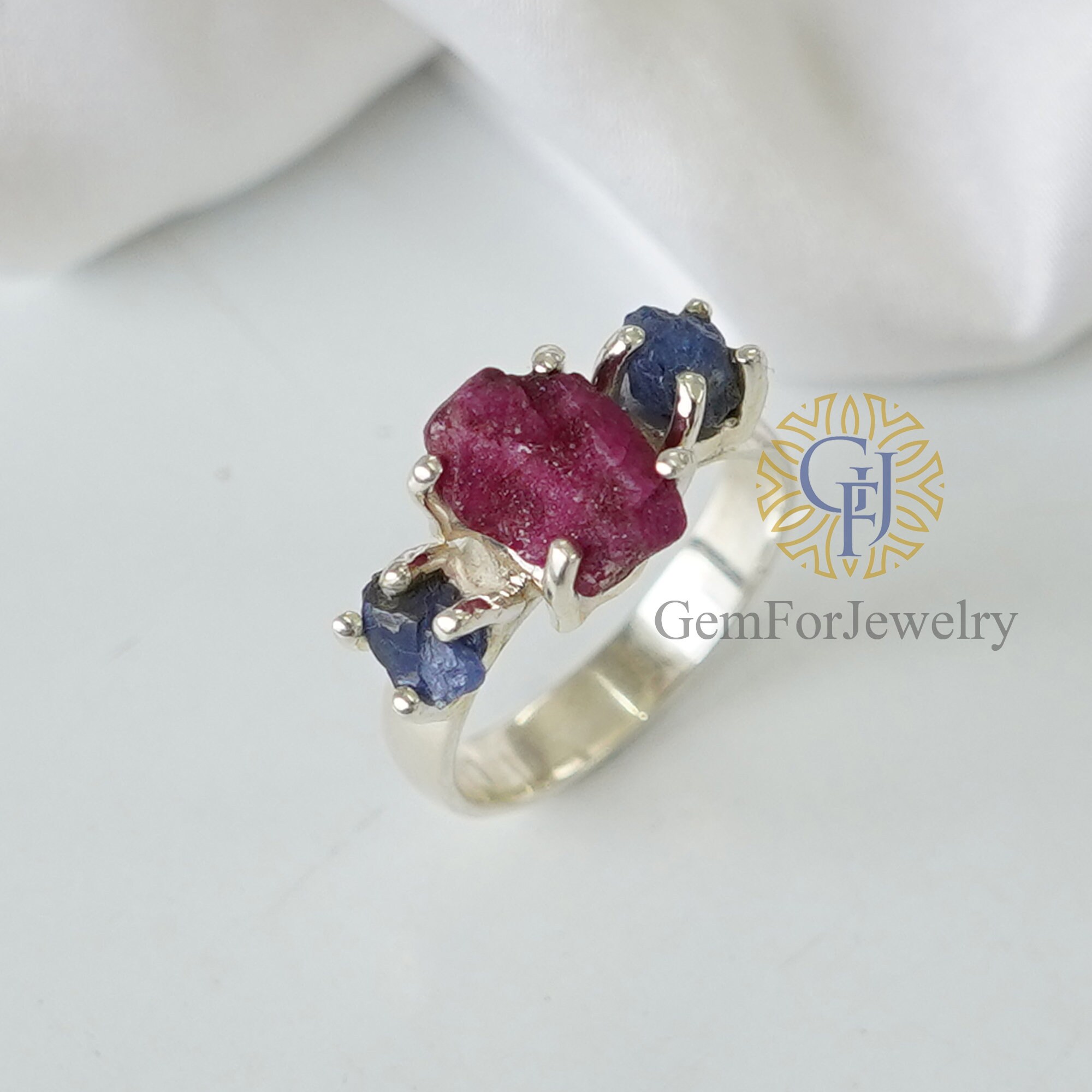 Raw Ruby Blue Sapphire Ring Precious Gemstone Ring Two Stone - Etsy