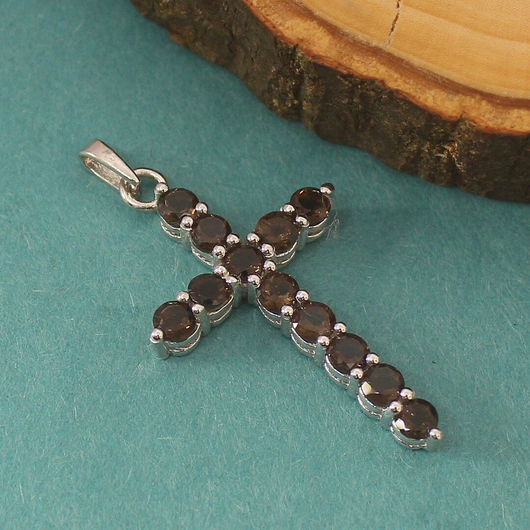 Smoky Quartz Silver Pendant, Smoky Cross Pendant, Quartz Round ...