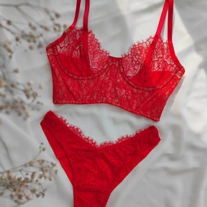 Red Lace Lingerie Set, Handmade Lingerie Set, Red Lingerie Set, Corset ...