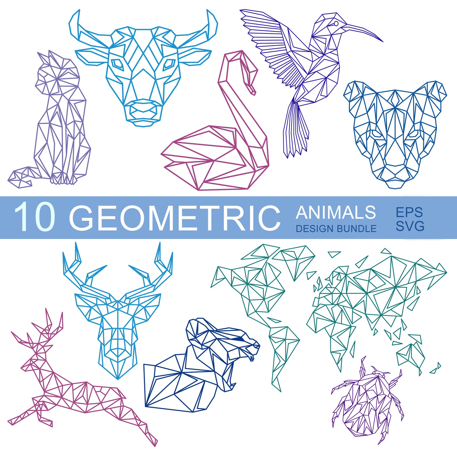 Geometric Animals BUNDLE Svg, Eps/beetle/ World Map/ Deer/ Cat/ Bird ...