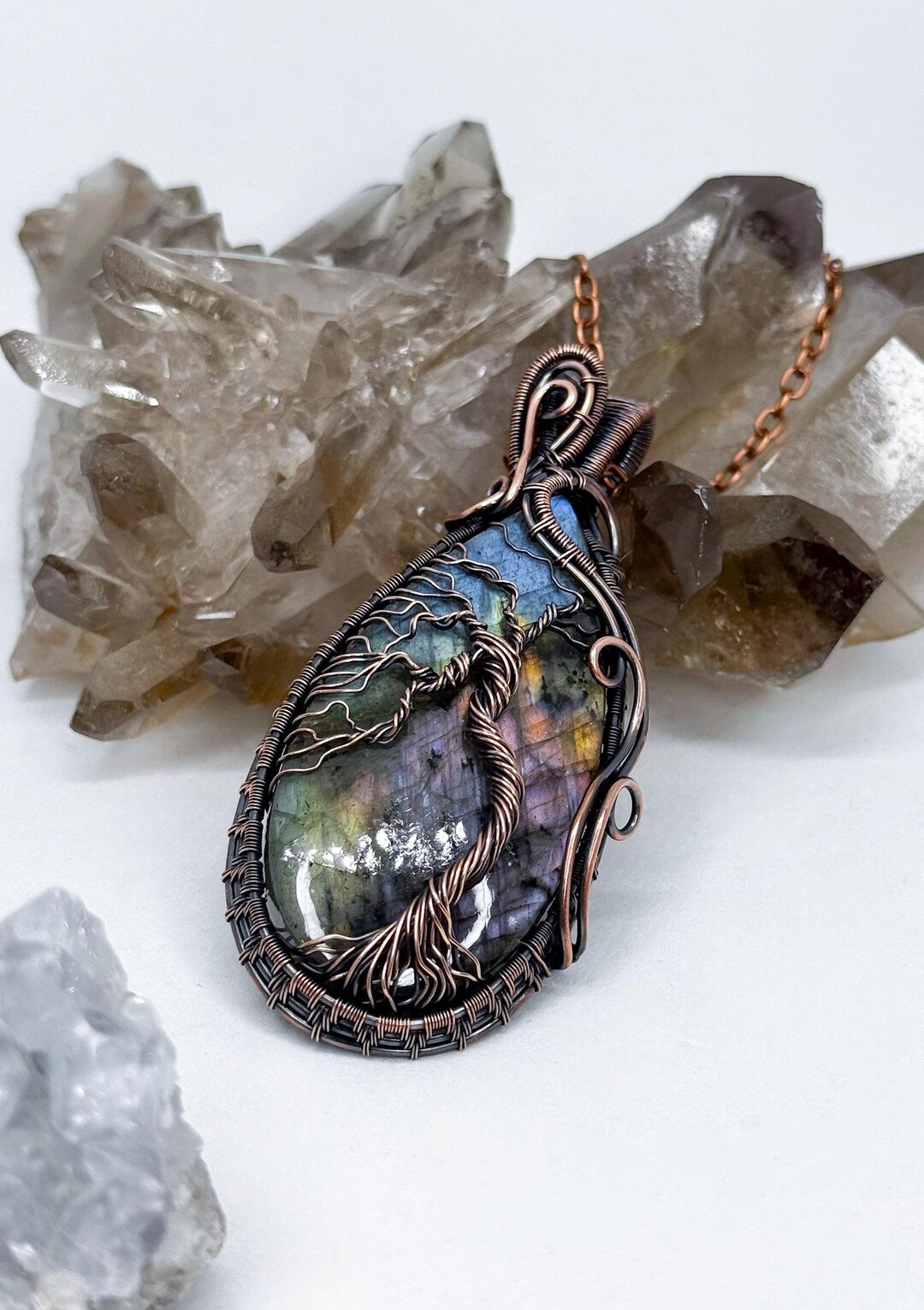 Spectrolite Pendant With Tree of Life // Handmade Antiqued Copper ...