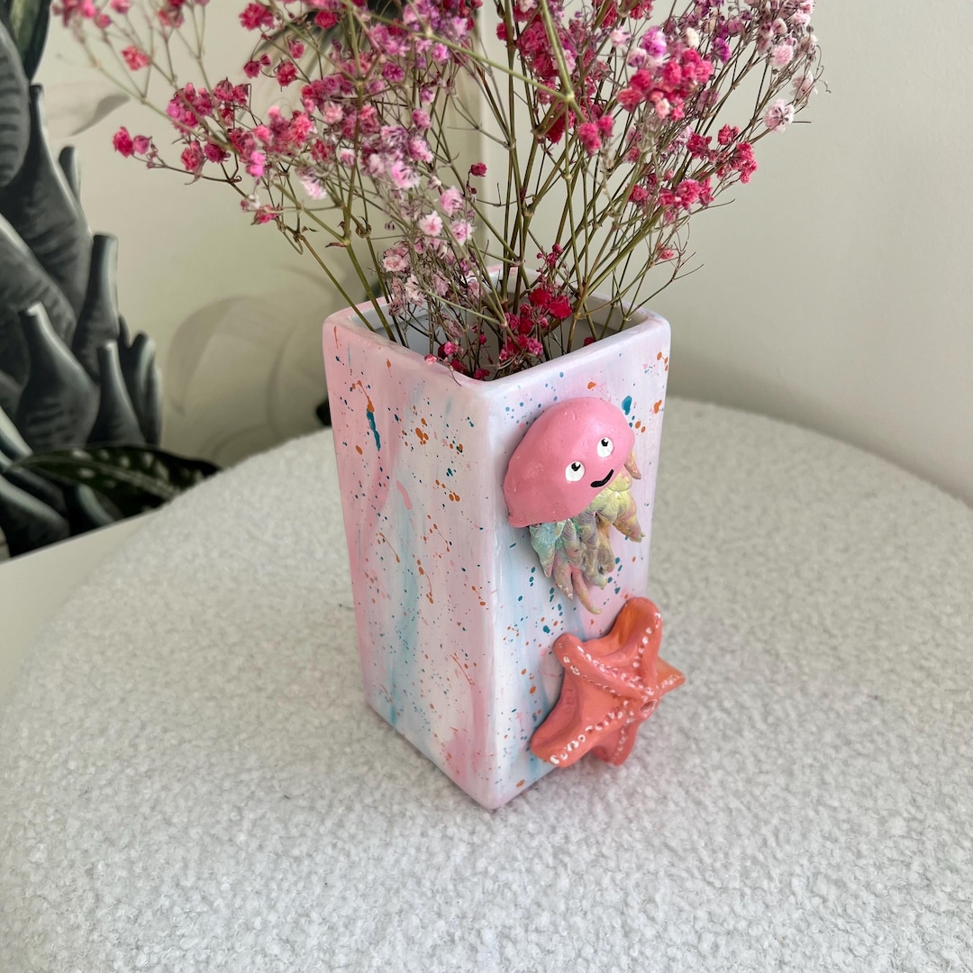 Ocean Themed Ceramic Vase Jellyfish Starfish Pastel Colourful Clay Gift ...