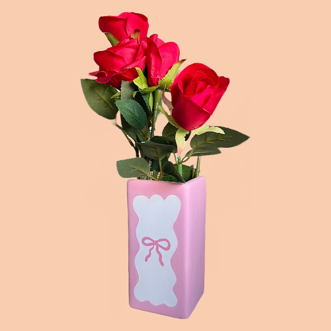 Pink Bow Wavy Ceremic Vase Hand Painted Abstract Square Flower Quirky ...