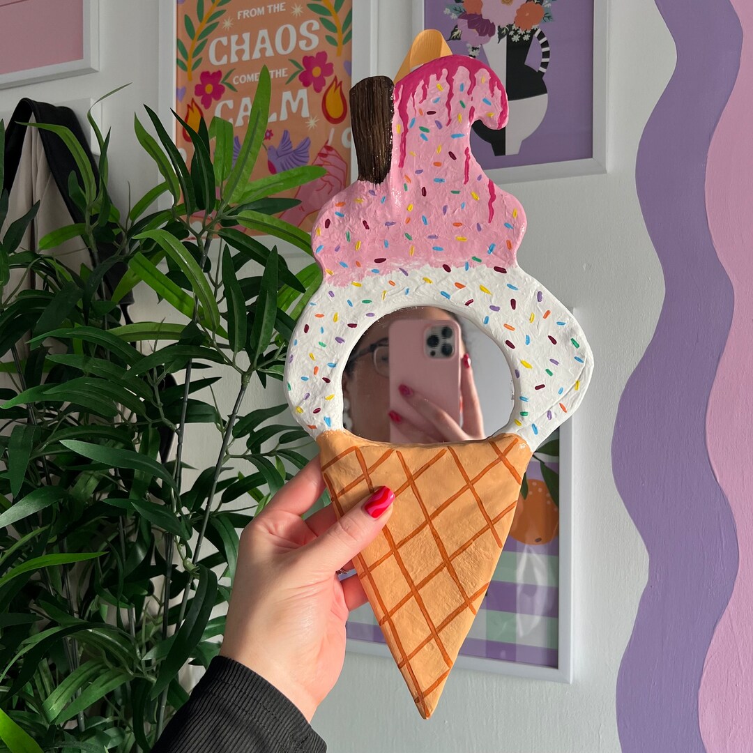 Ice Cream Mirror Quirky Wall Decor Clay Handmade Rainbow Sprinkle Faux ...