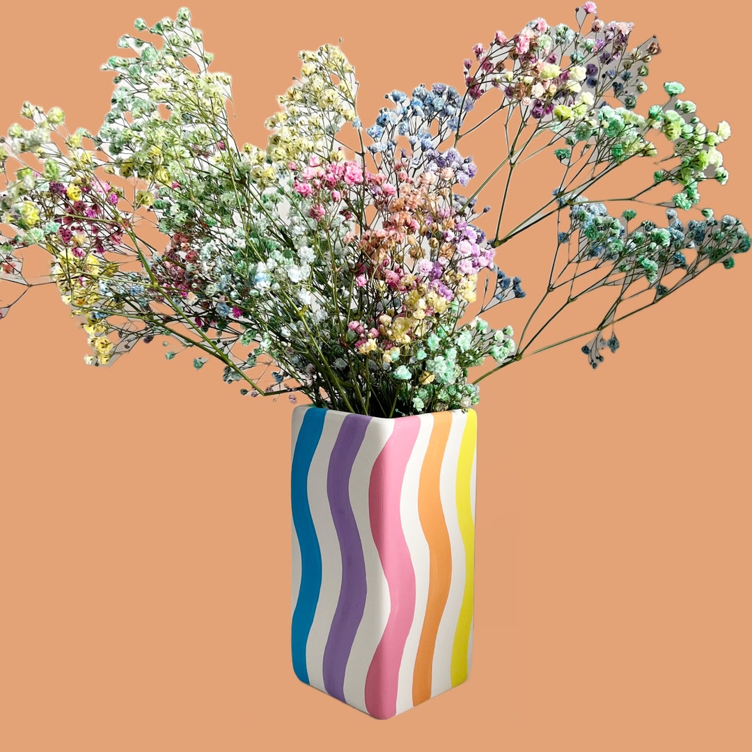 Colourful Wavy Ceremic Vase Hand Painted Rainbow Abstract Square ...
