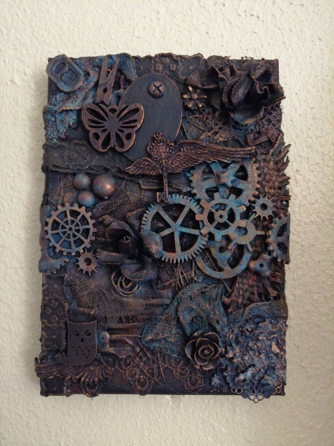 Beautiful Handmade Grunge Steampunk Bee Butterfly Owl Cogs Key Canvas ...