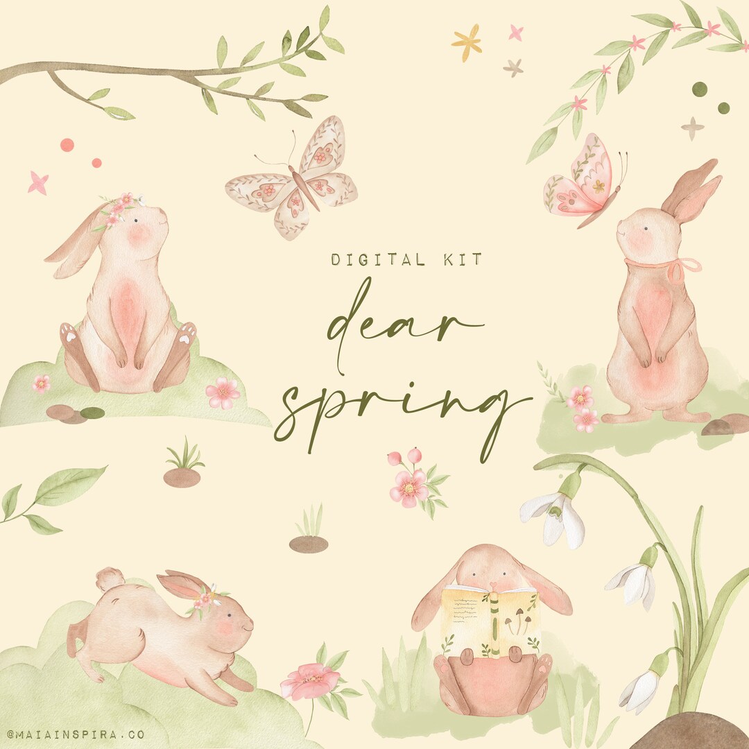Dear Spring Watercolor Clipart Set | Cute Bunnies Animals Png Graphics ...