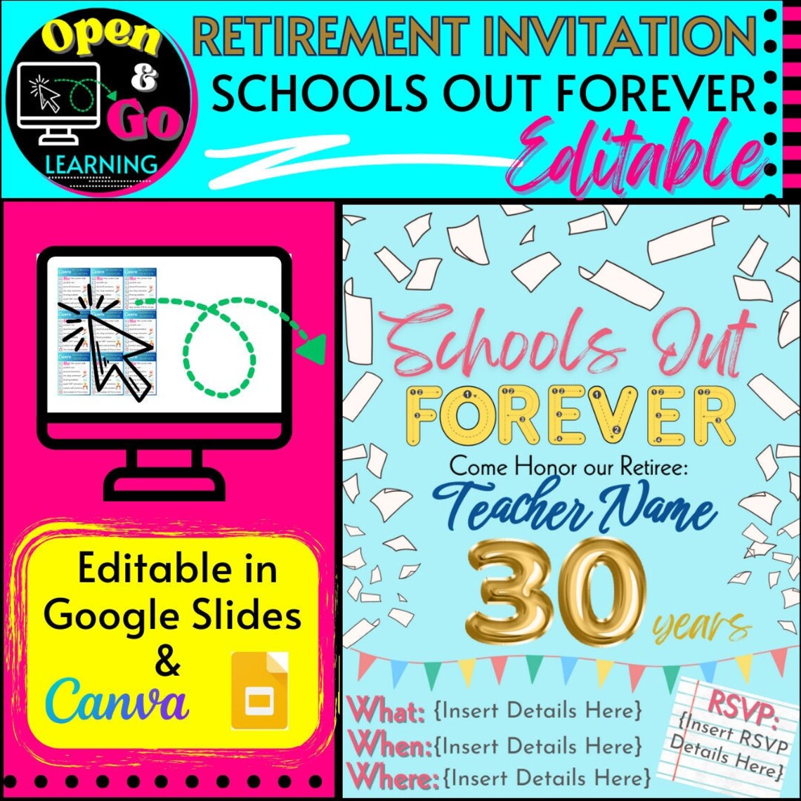 Teacher Retirement Party Flier Invitation Invite Editable SCHOOLS OUT ...