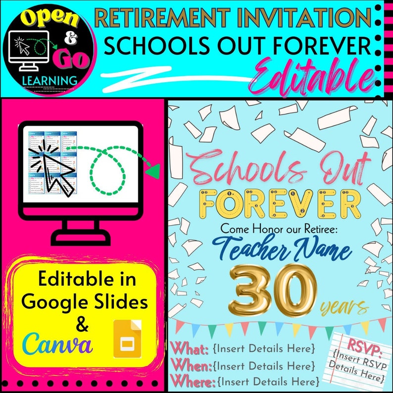 Teacher Retirement Party Flier Invitation Invite Editable SCHOOLS OUT ...