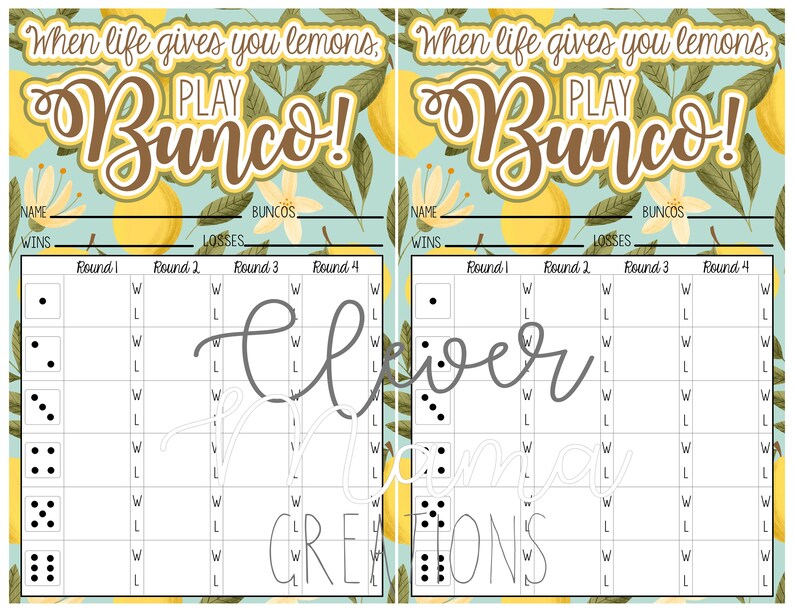 Lemon Bunco Scoresheets - When Life Gives You Lemons, Play Bunco ...
