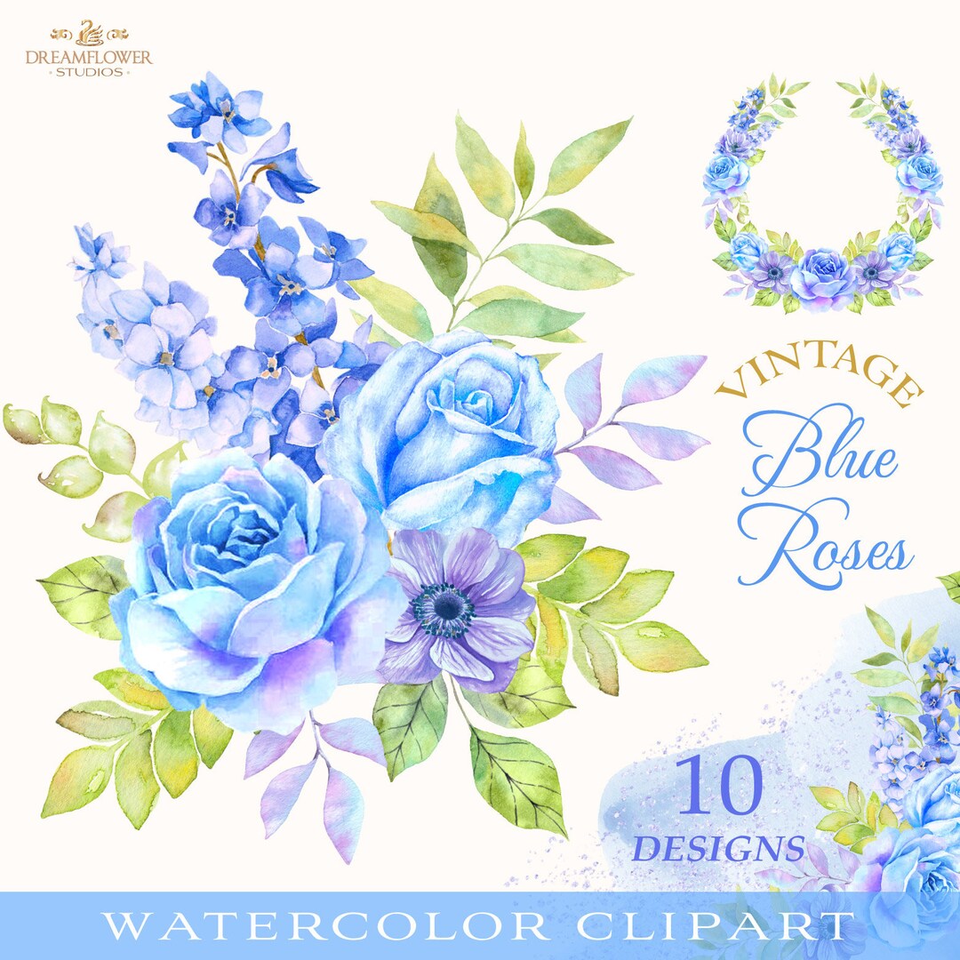 Blue Watercolor Flower Clipart Blue Roses Clipart Blue Floral Clipart ...