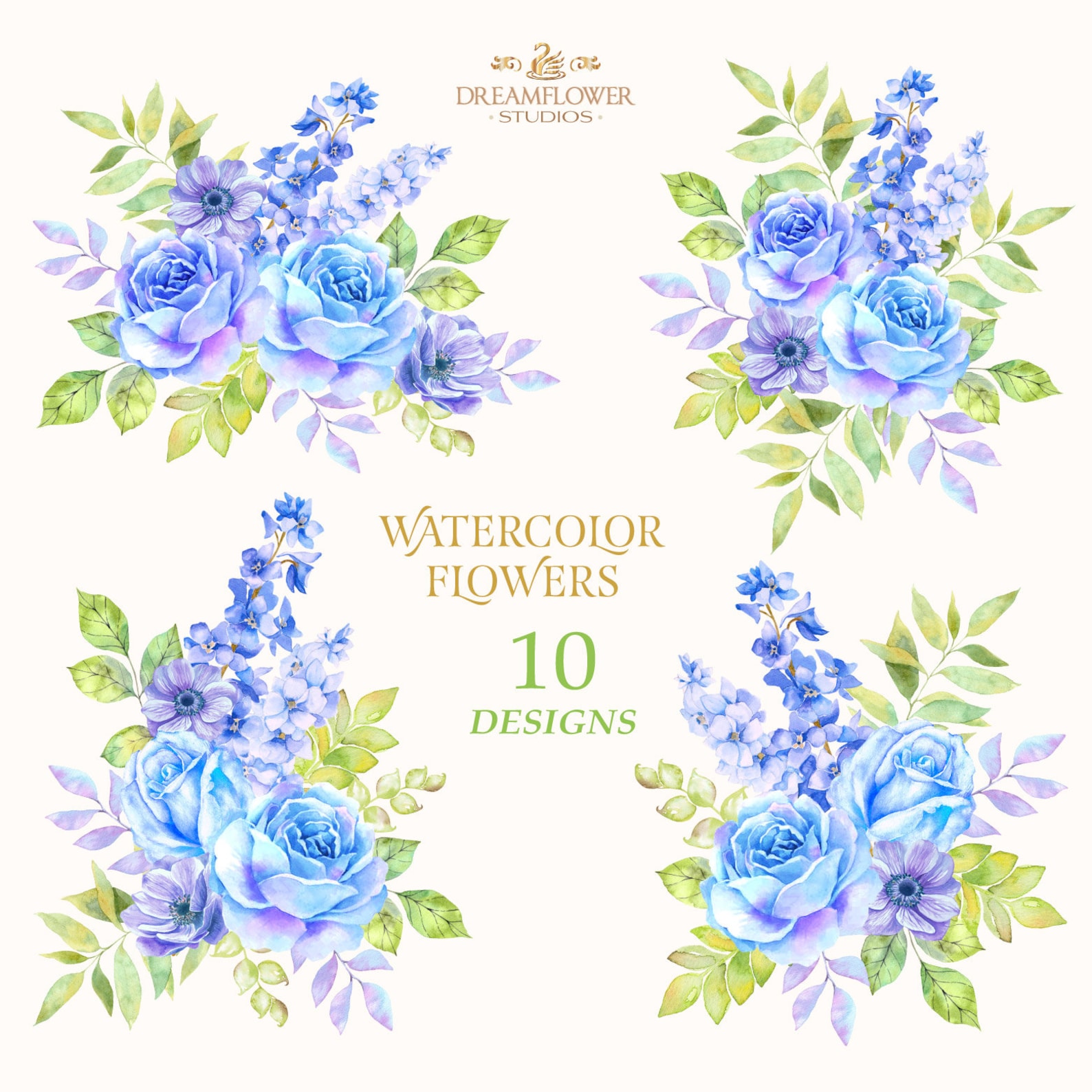 Blue Watercolor Flower Clipart Blue Roses Clipart Blue Floral Clipart ...
