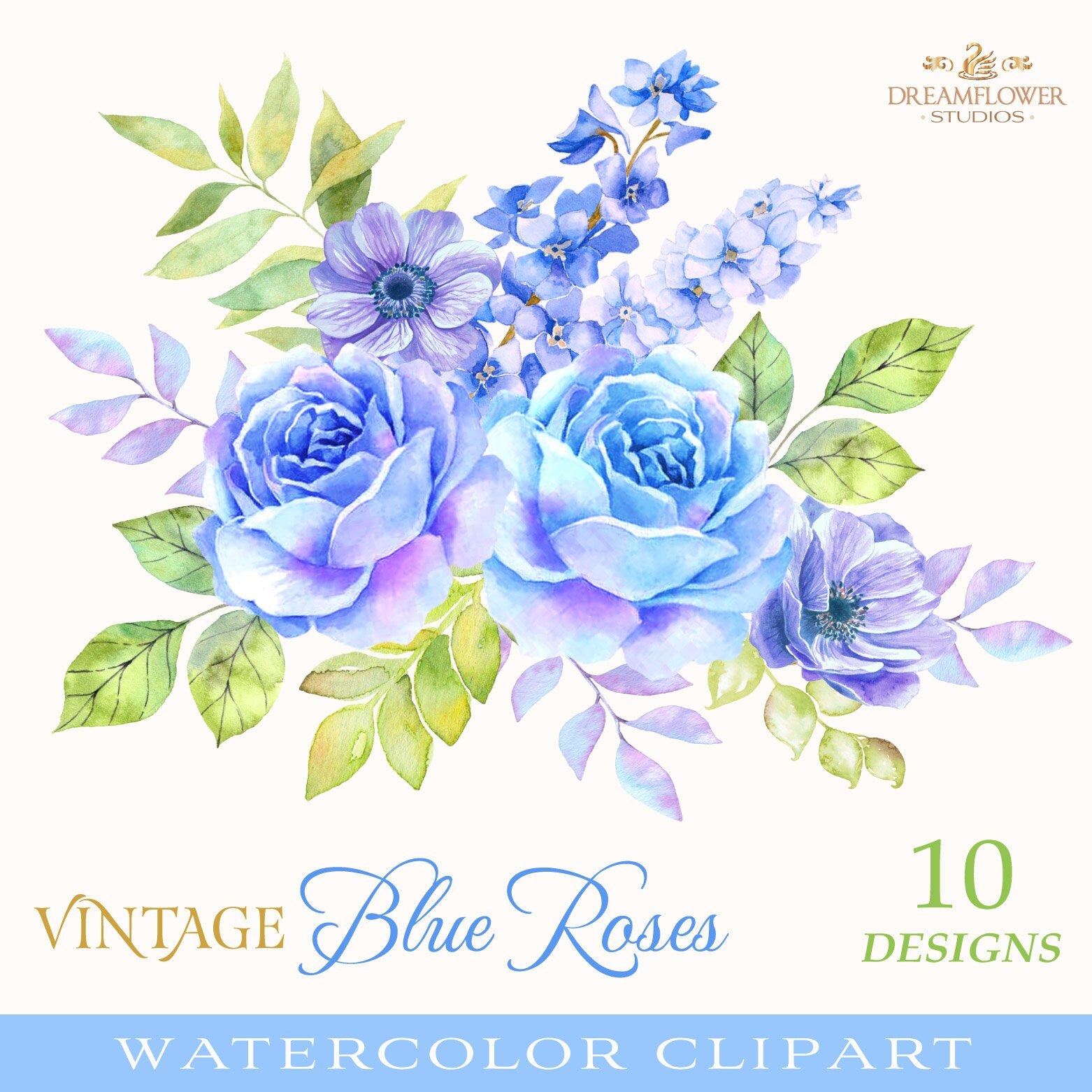 Blue Watercolor Flower Clipart Blue Roses Clipart Blue Floral Clipart ...