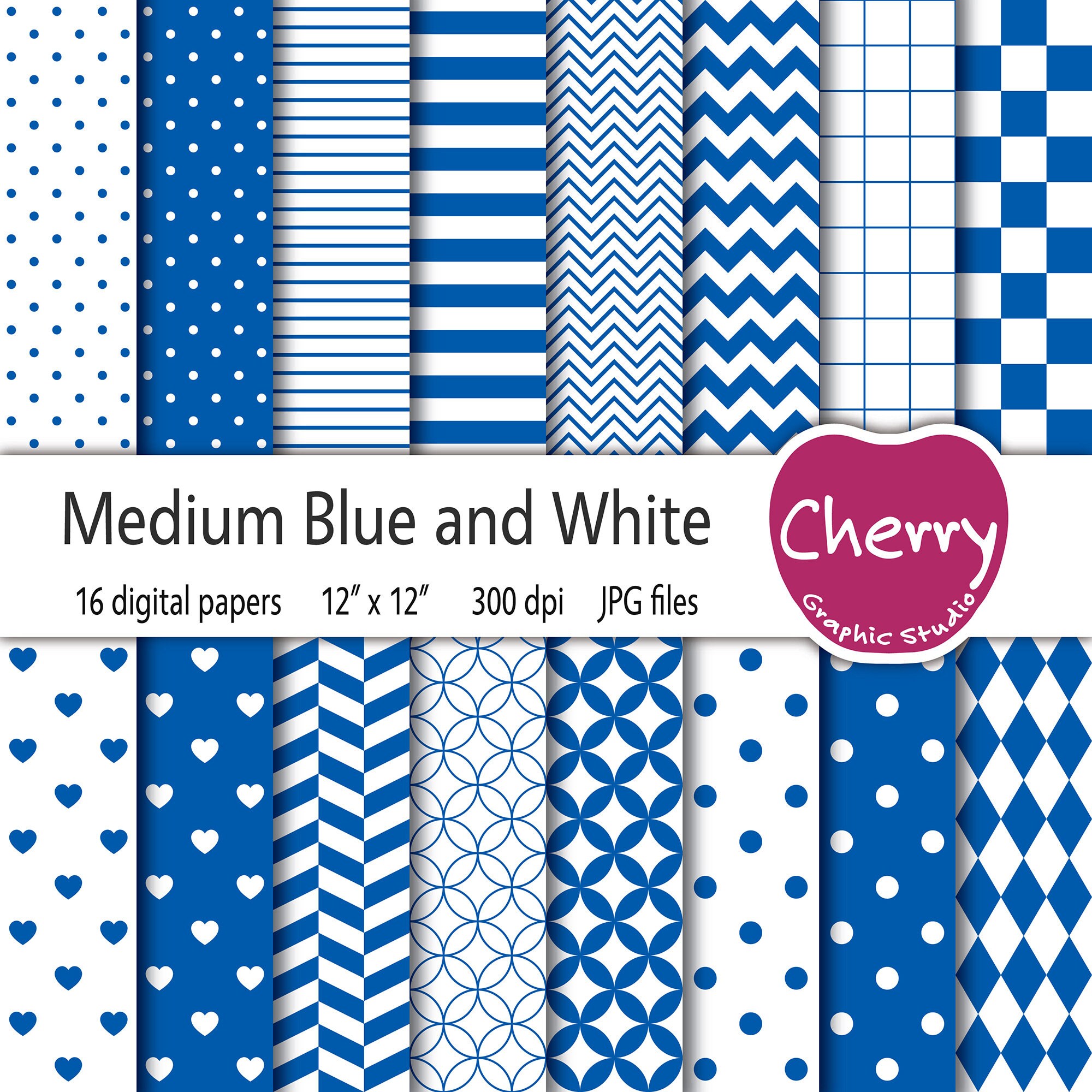 Medium Blue and White Digital Paper, Blue Pattern, Blue Paper Pack ...
