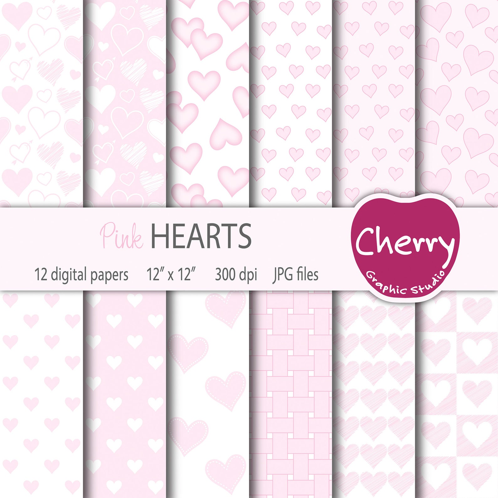 Pink Heart Digital Paper, Light Pink Heart Pattern, Heart Paper Pack ...