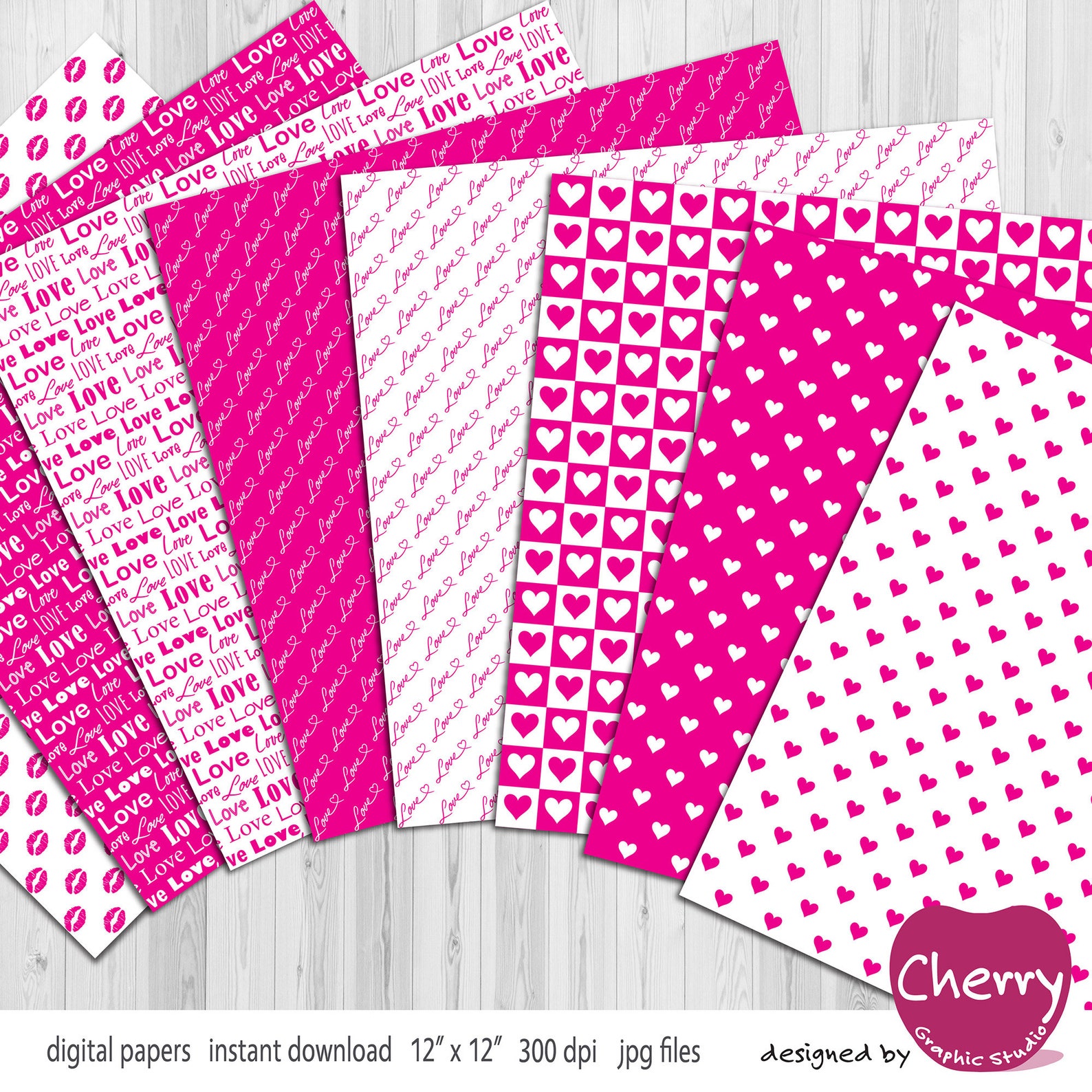 Hot Pink and White Love Digital Paper, Love Pattern, Love & Heart Paper ...