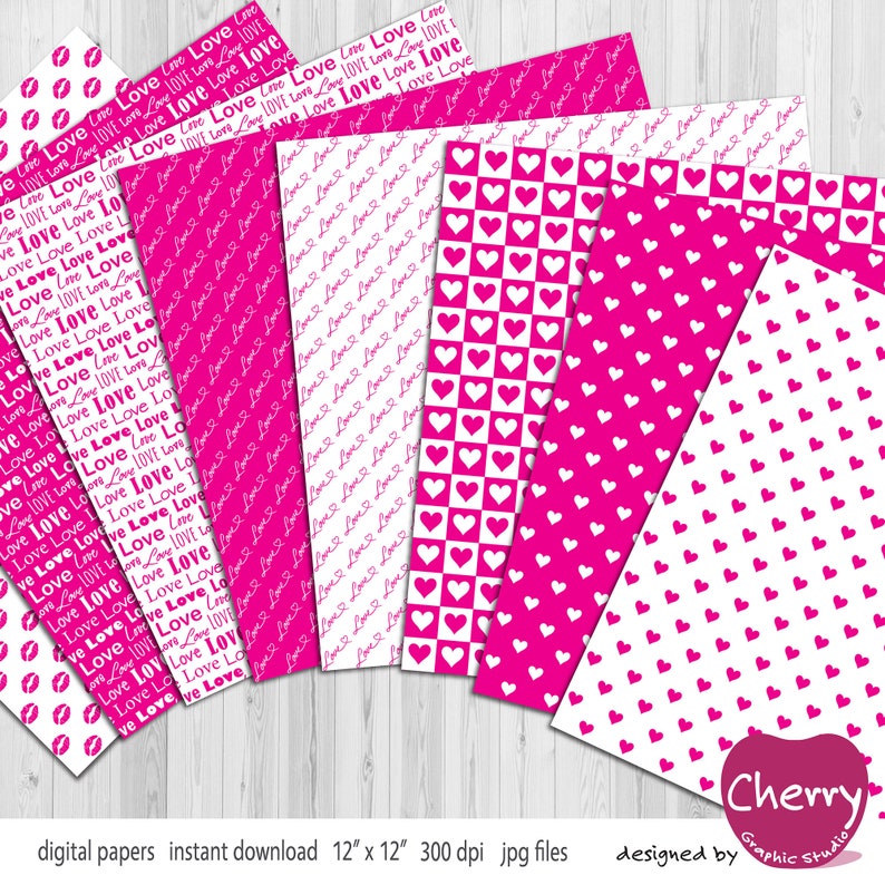 Hot Pink Heart Digital Paper, Love Paper Pack, Valentine Scrapbook ...