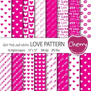 Hot Pink and White Love Digital Paper, Love Pattern, Love & Heart Paper ...