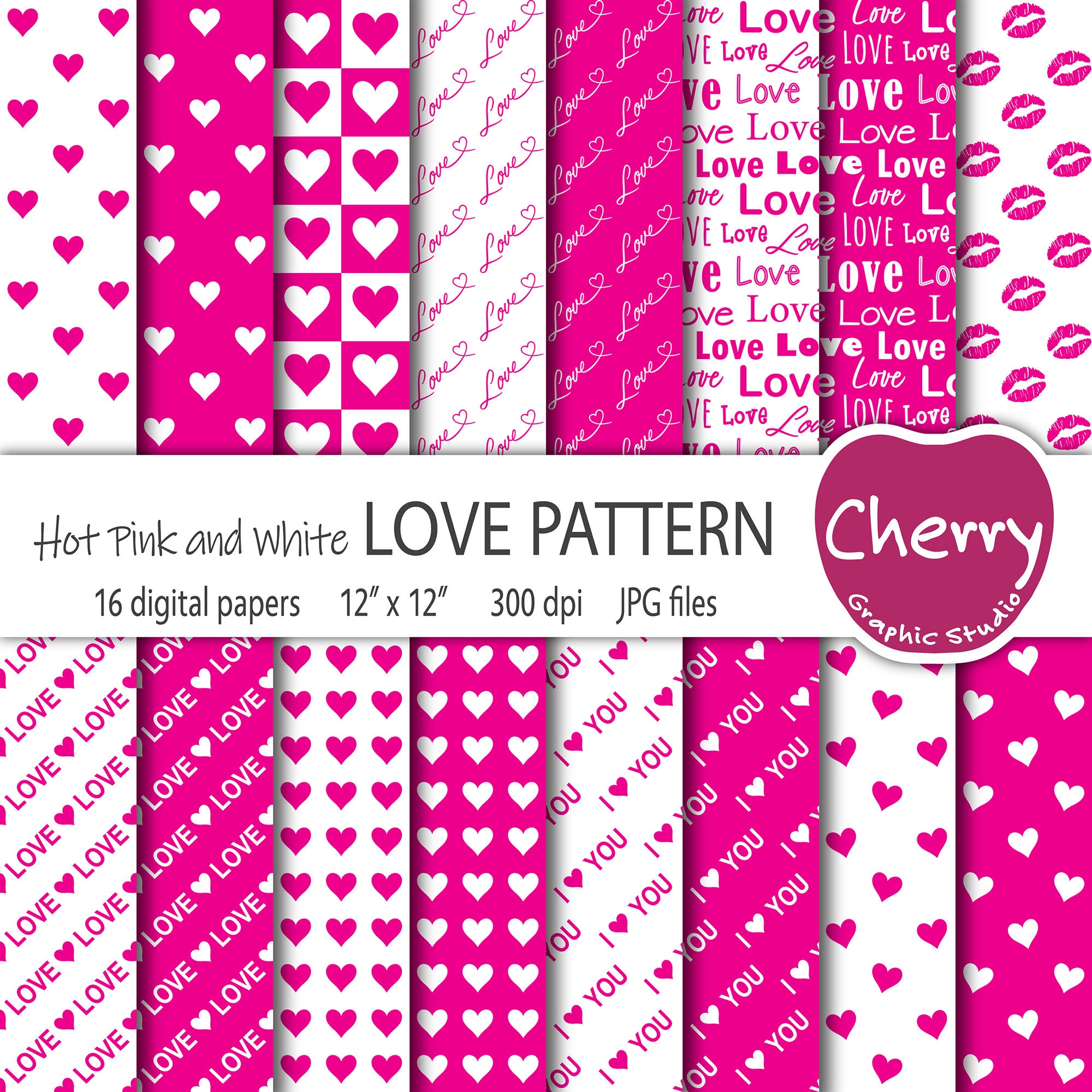 Hot Pink Heart Digital Paper, Love Paper Pack, Valentine Scrapbook ...