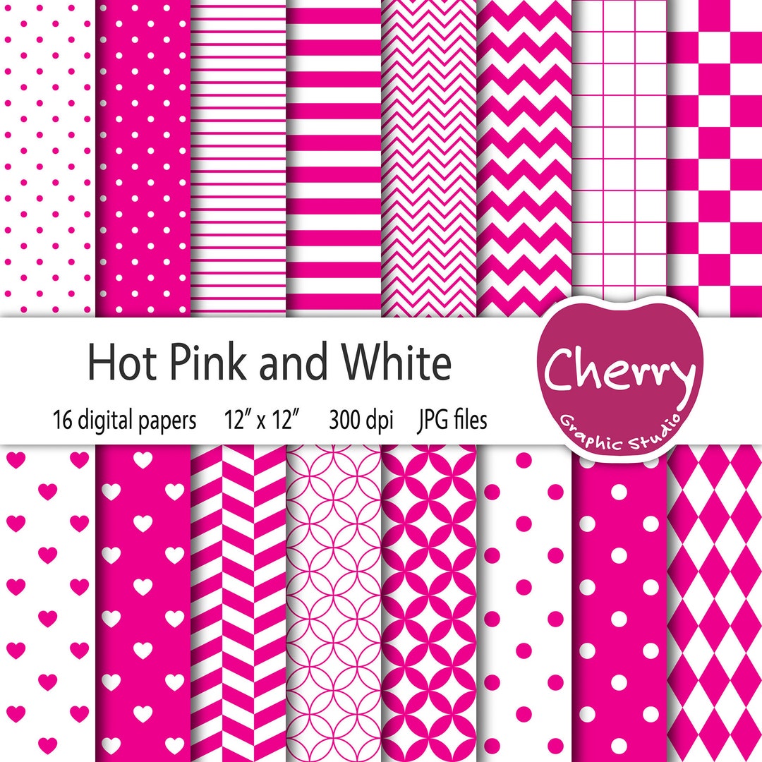 Hot Pink and White Digital Paper, Hot Pink Pattern, Pink Digital Paper ...