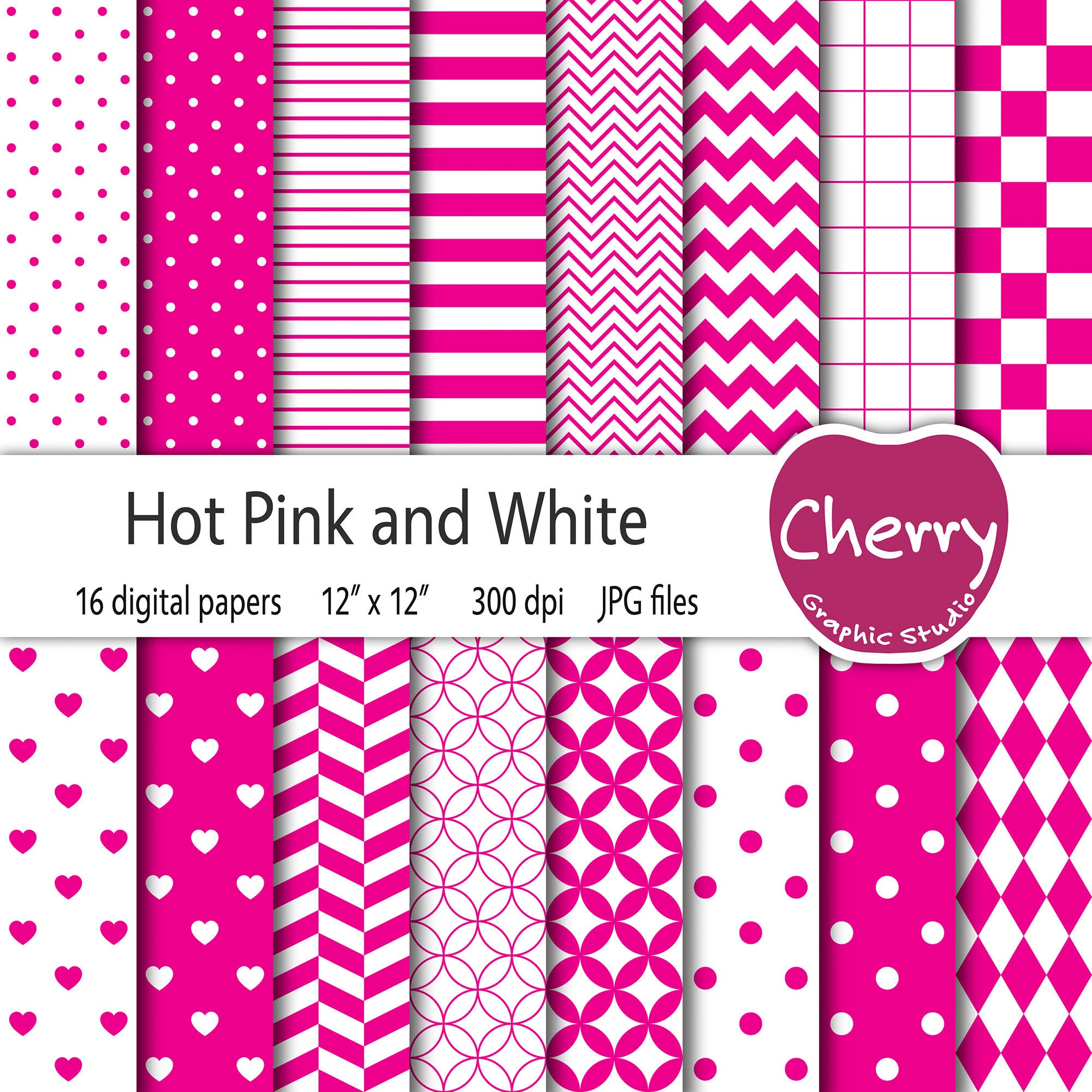 Hot Pink and White Digital Paper, Hot Pink Pattern, Pink Digital Paper ...