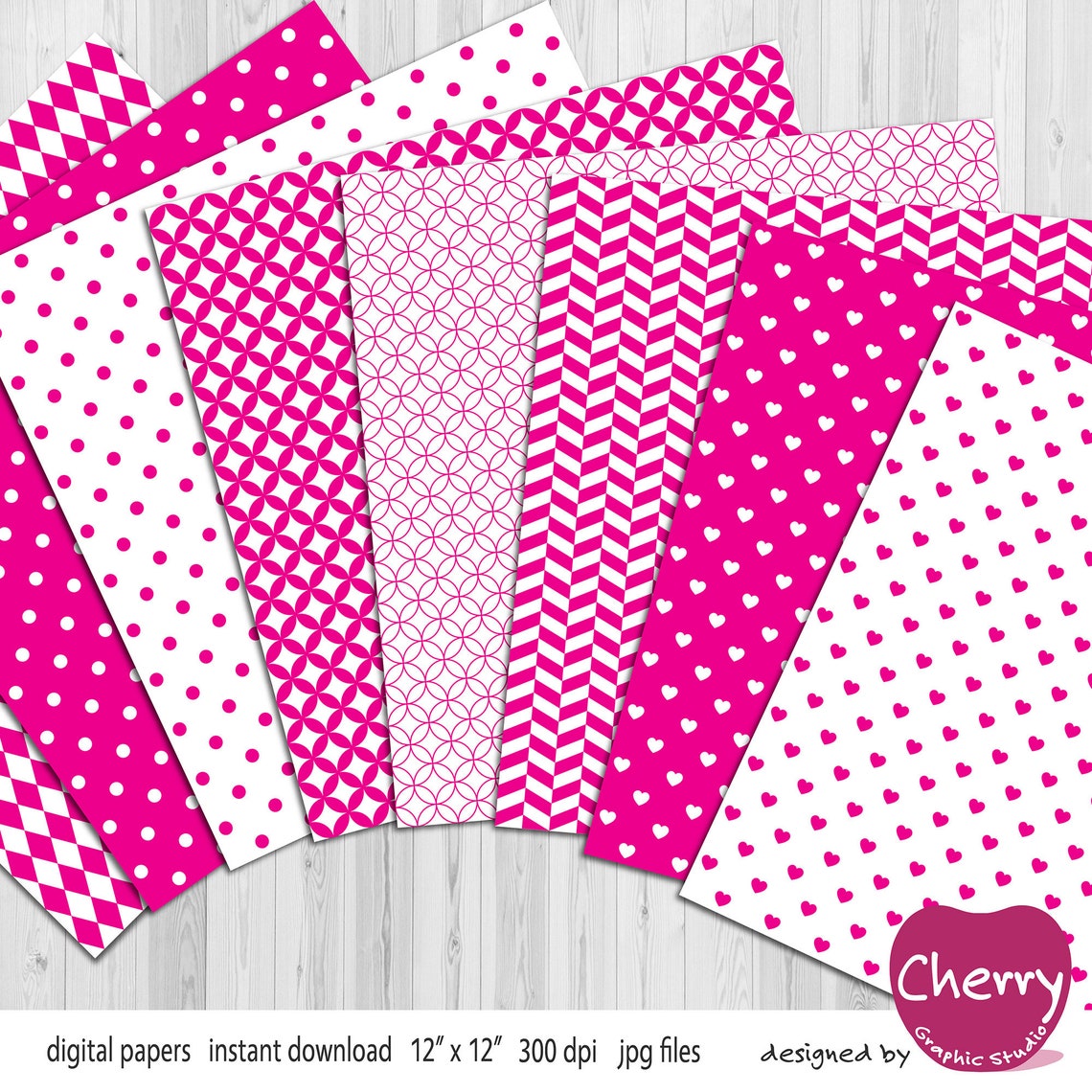 Hot Pink and White Digital Paper, Hot Pink Pattern, Pink Digital Paper ...