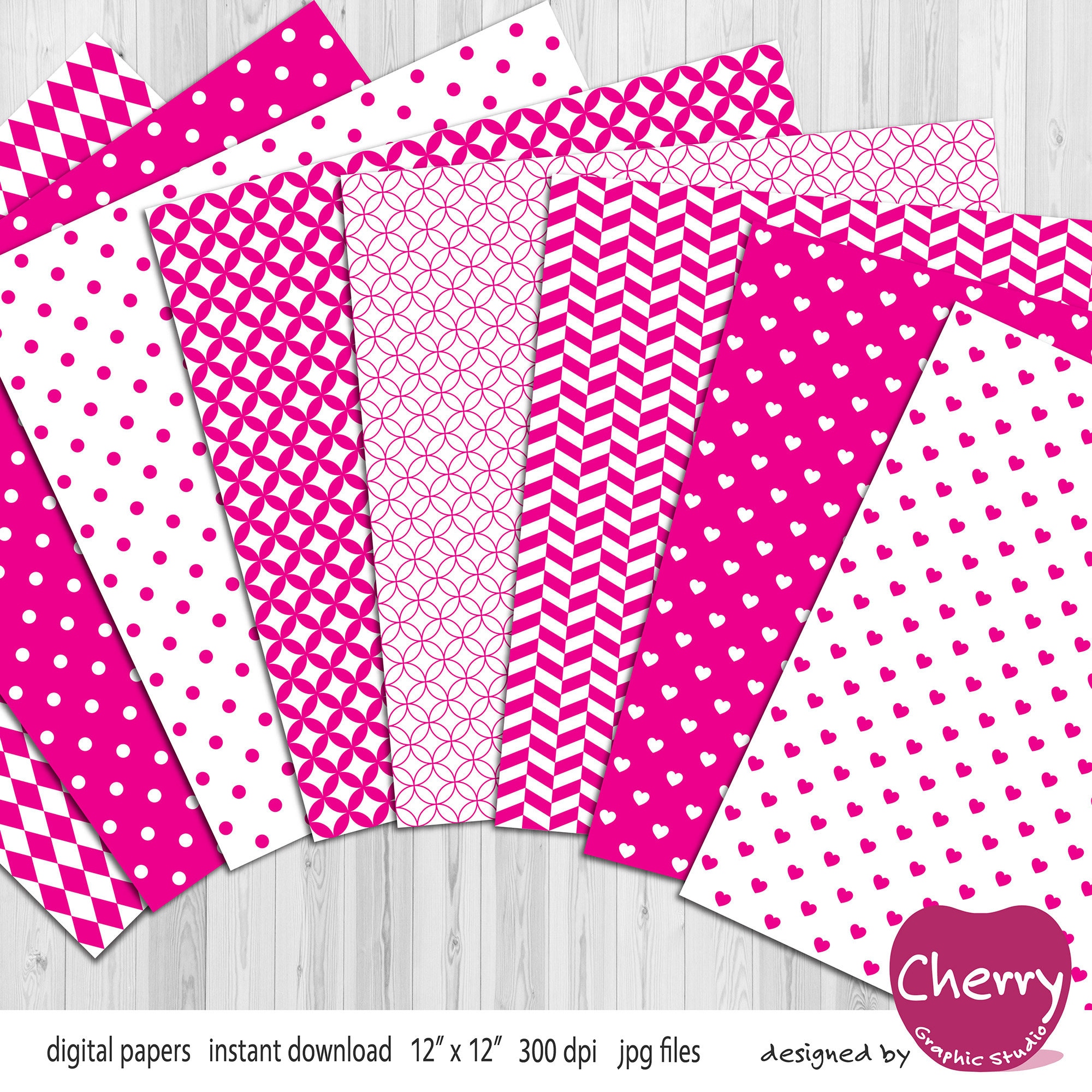 Hot Pink and White Digital Paper, Hot Pink Pattern, Pink Digital Paper ...
