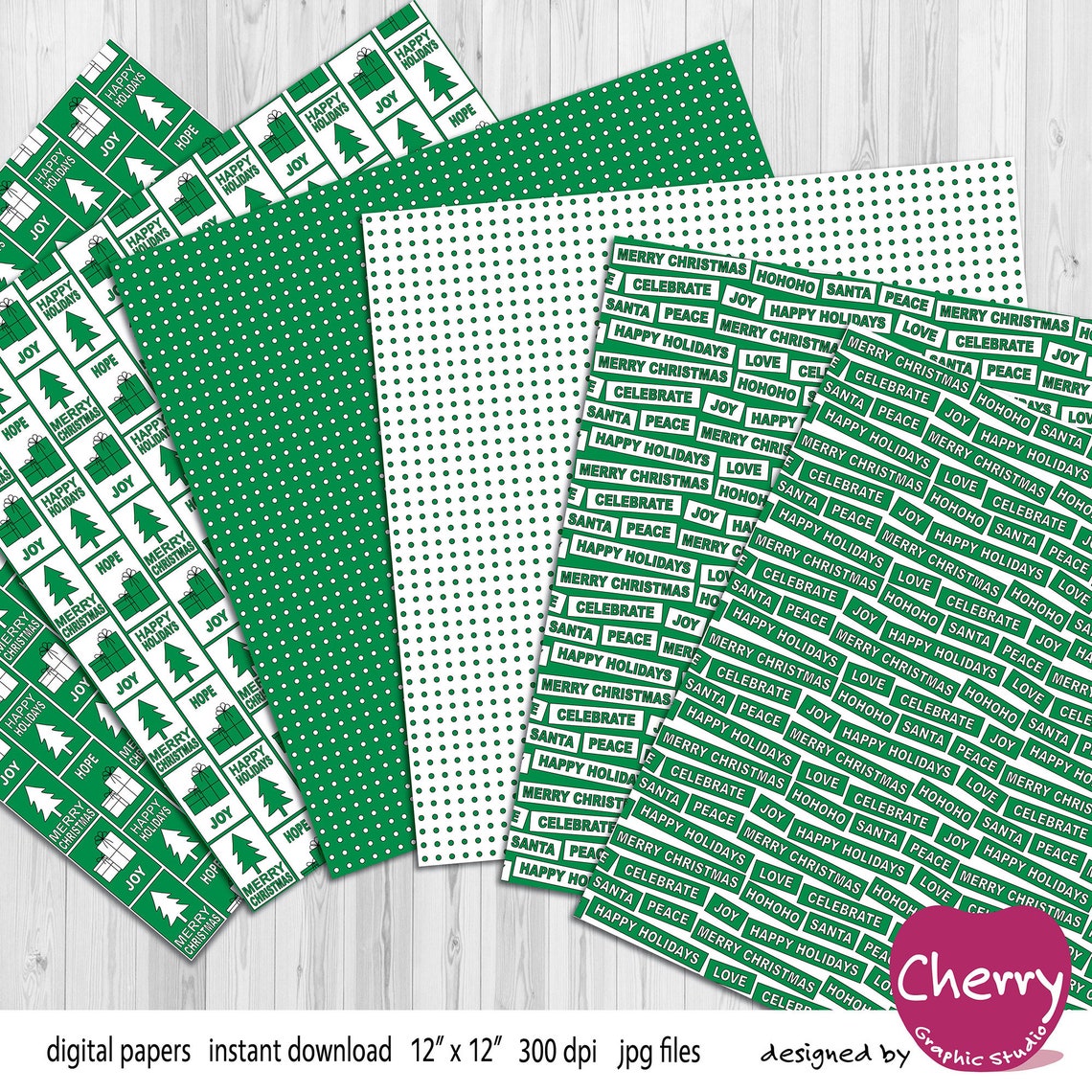 Christmas Digital Paper, Green Christmas Pattern, Green and White ...