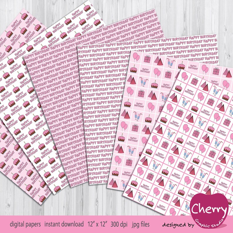 Happy Birthday Digital Paper, Pink Birthday Digital Paper, Happy ...