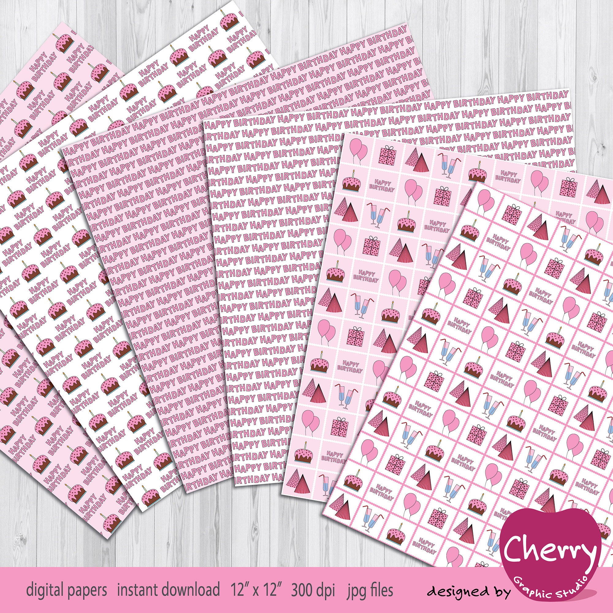 Pink Happy Birthday Digital Paper Pack, Scrapbook Paper, Seamless ...